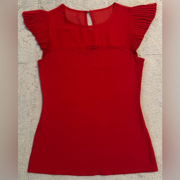 Express | Tops | Express True Red Pleated Flutter Sleeve Top W Sheer ...
